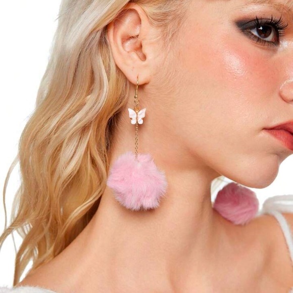 Jewelry | Nwot Pink Butterfly Furball Drop Earrings | Poshmark
